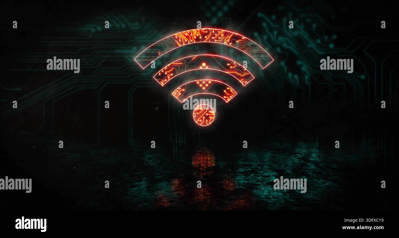 Hovering glowing Wi-Fi symbol showing circuit textures in dark virtual ...