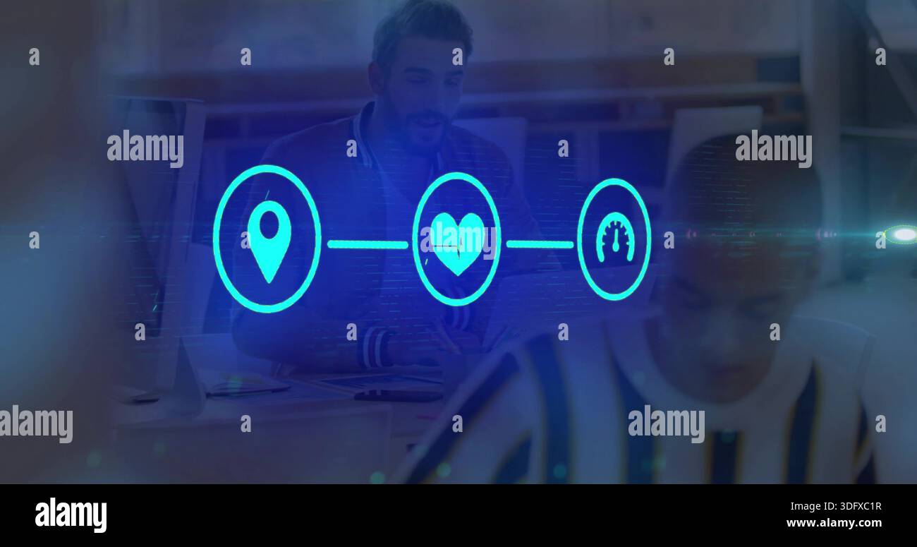 Projecting cyan icons pin, ECG, gauge in office, striped shirt checking ...