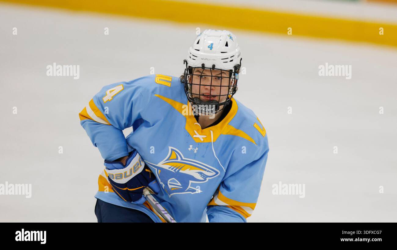 Long Island defenseman Blake Dangos (4) skates during the first period ...