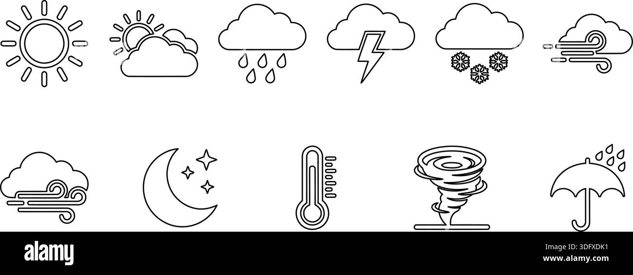 A complete collection of outline weather and climate icons, including ...
