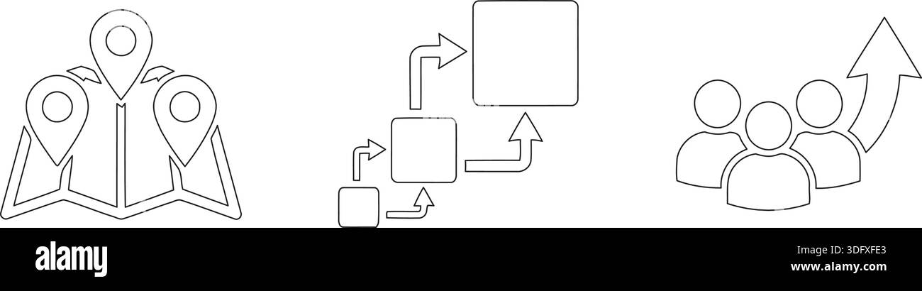 Minimalist line drawings of a map with location pins, a flowchart with ...