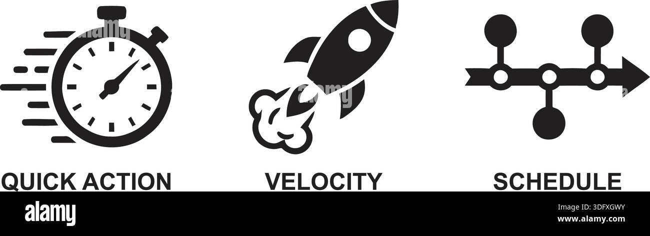 Black and white icons illustrating quick action, velocity with a rocket ...