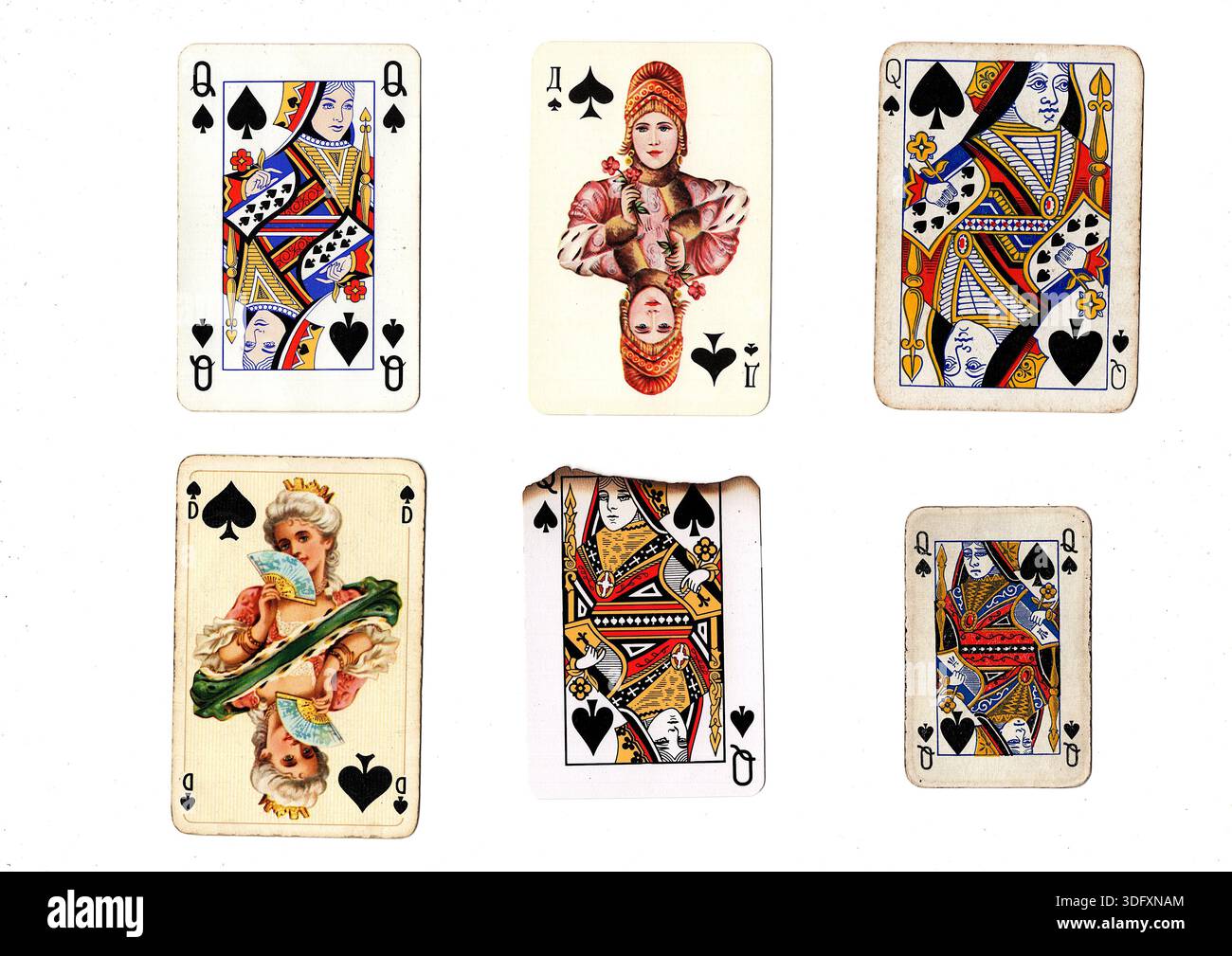 Vintage queen of spades playing cards in six different designs isolated ...