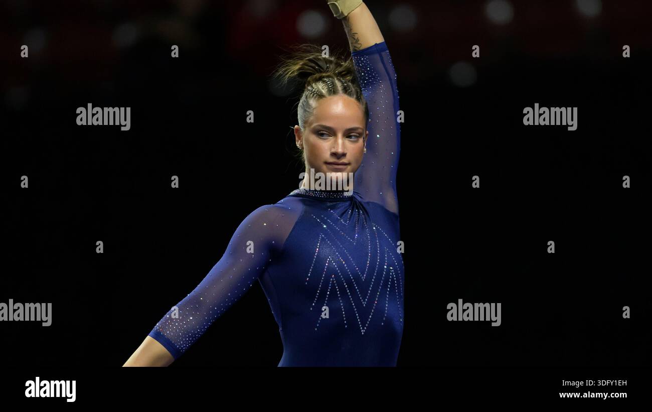 Utah State gymnast Nyla Morabito performs a routine on the beam during ...
