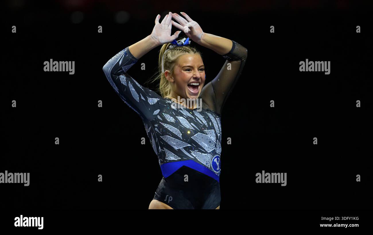 BYU gymnast Hazel Smith performs a routine on the beam during an NCAA ...