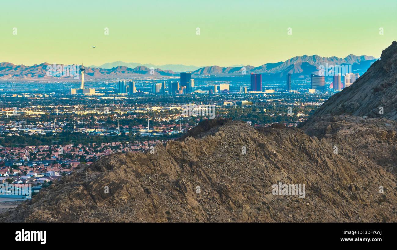 Aerial Las Vegas Skyline The Strip and Lone Mountain at Golden Hour ...