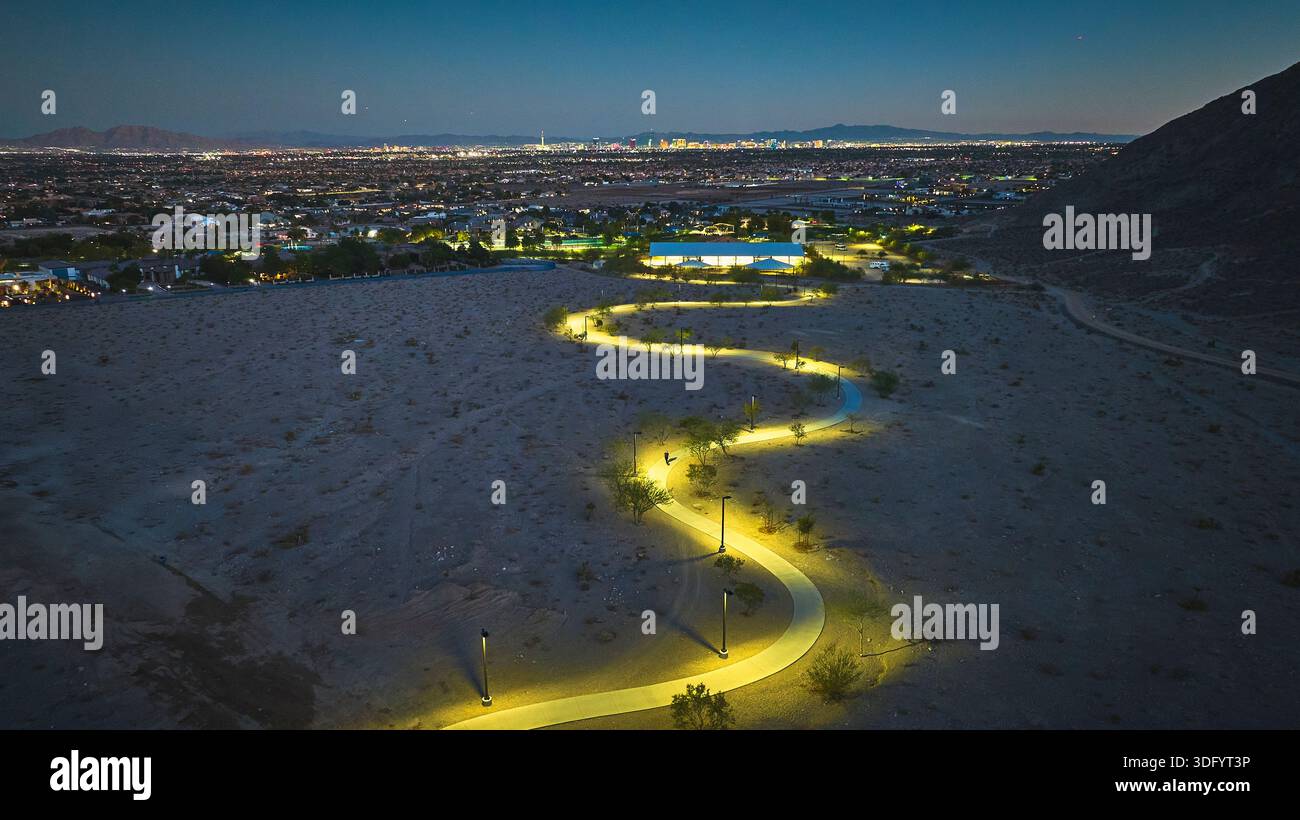 Aerial Lone Mountain Park Walking Path and Las Vegas Skyline at Blue ...