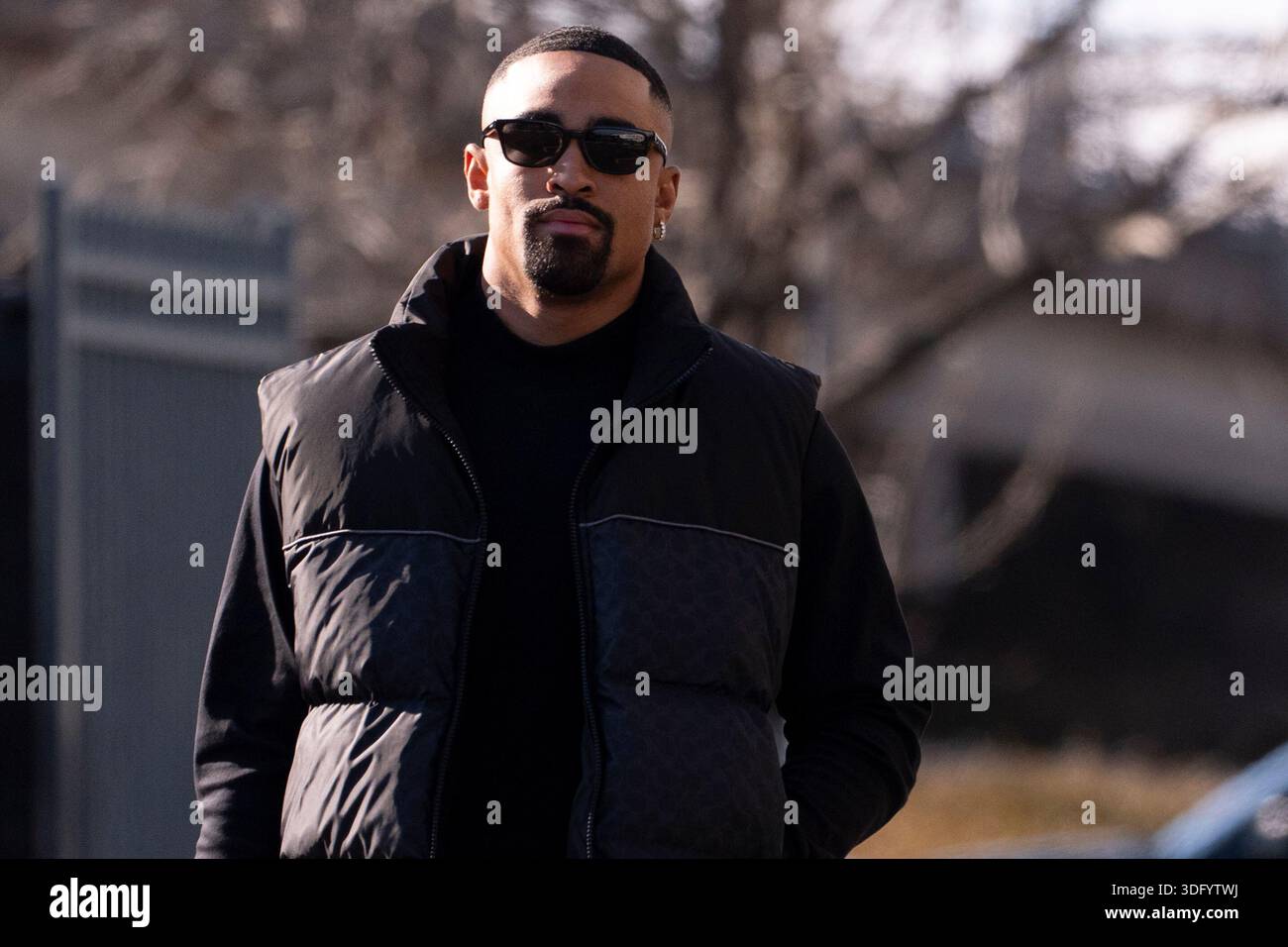 Philadelphia Eagles quarterback Jalen Hurts arrive at the stadium prior ...