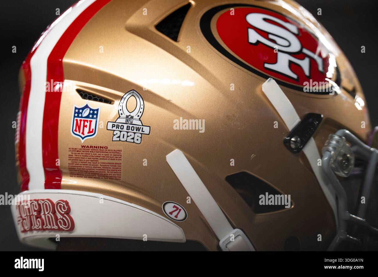 A detailed view of a Pro Bowl sticker on the helmet of San Francisco ...