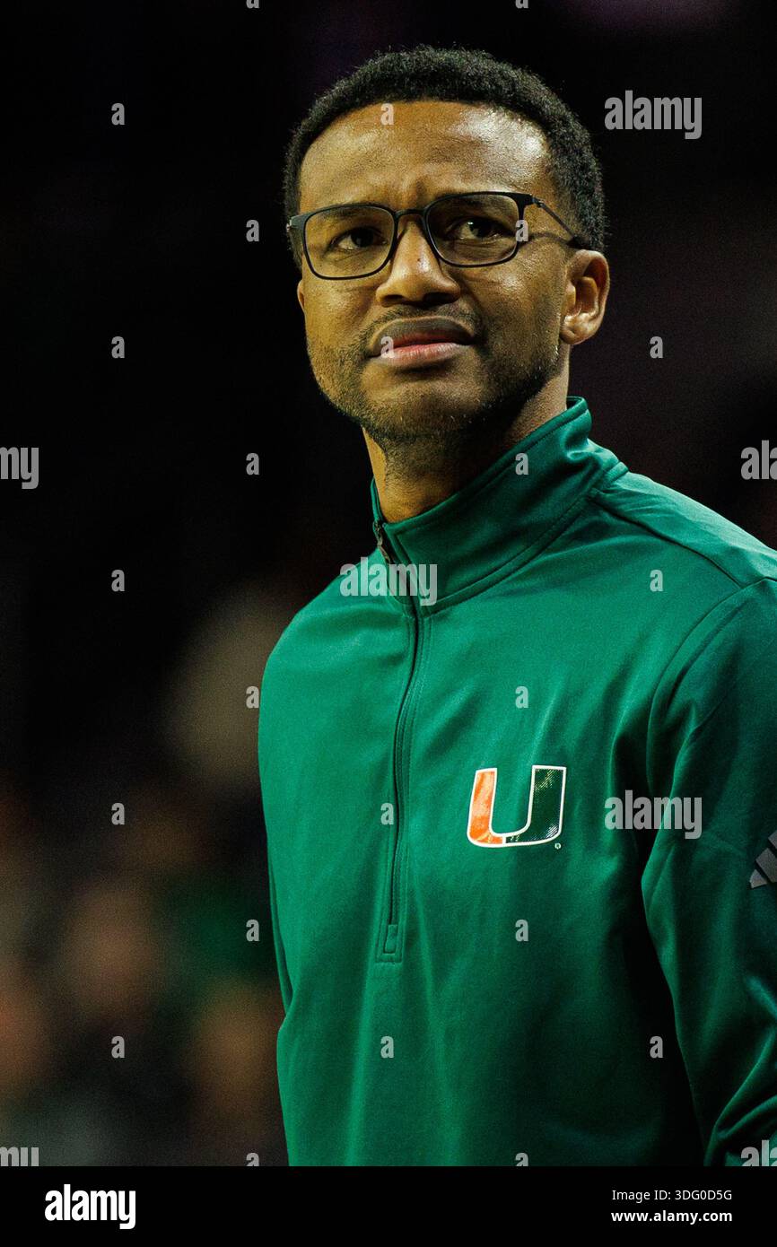 January 13, 2026: Miami head coach Jai Lucas during NCAA basketball ...