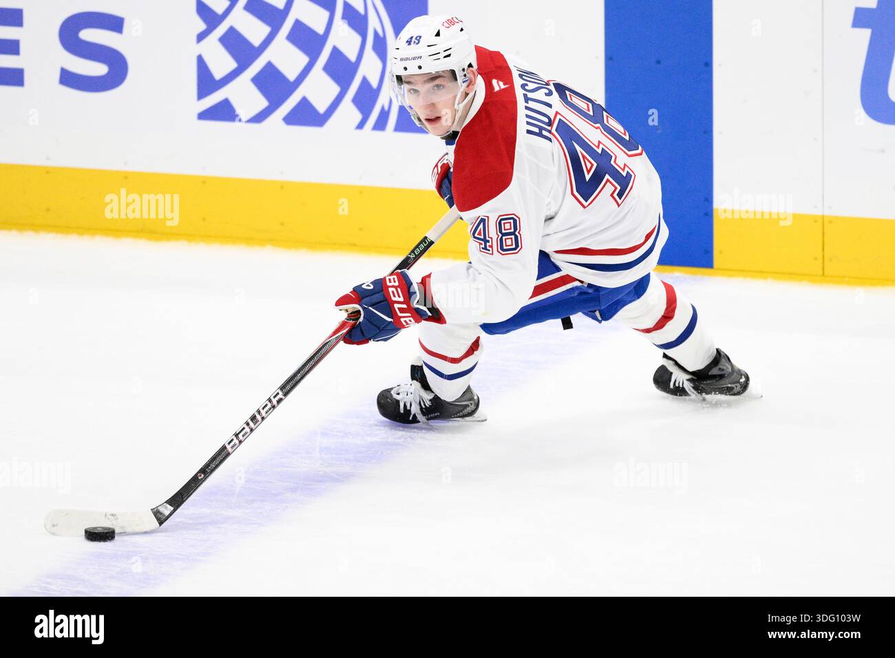 Montréal Canadiens defenseman Lane Hutson (48) in action during the ...