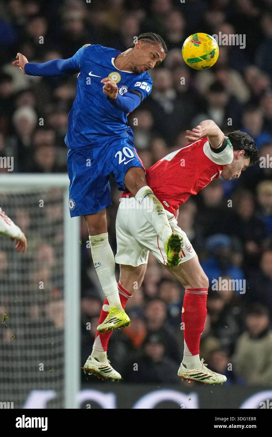 Chelsea's Joao Pedro, left, battles for the ball with Arsenal's Declan ...
