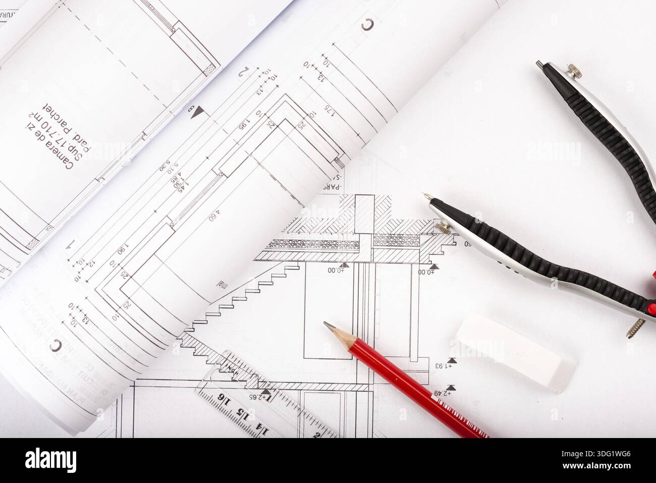 Architectural blueprints, house plans with drawing tools Stock Photo ...