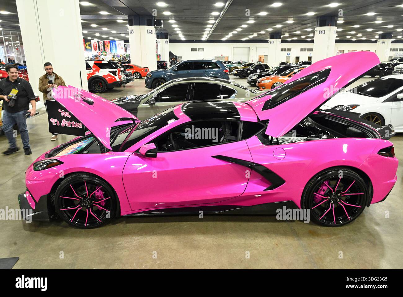 Members of the media look over a C8 Corvettte, painted pink by request ...