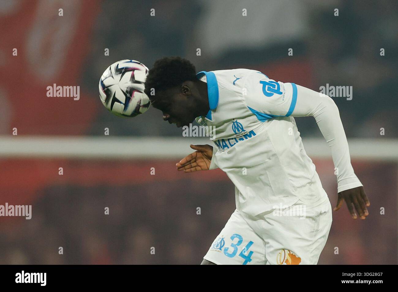 FILE - Marseille's Robinio Vaz heads the ball during the French League ...
