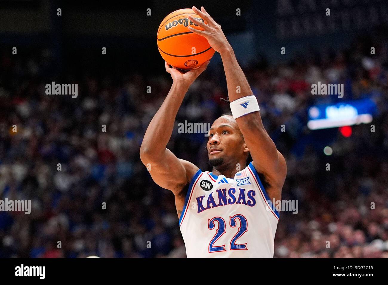 Kansas guard Darryn Peterson shoots during the first half of an NCAA ...