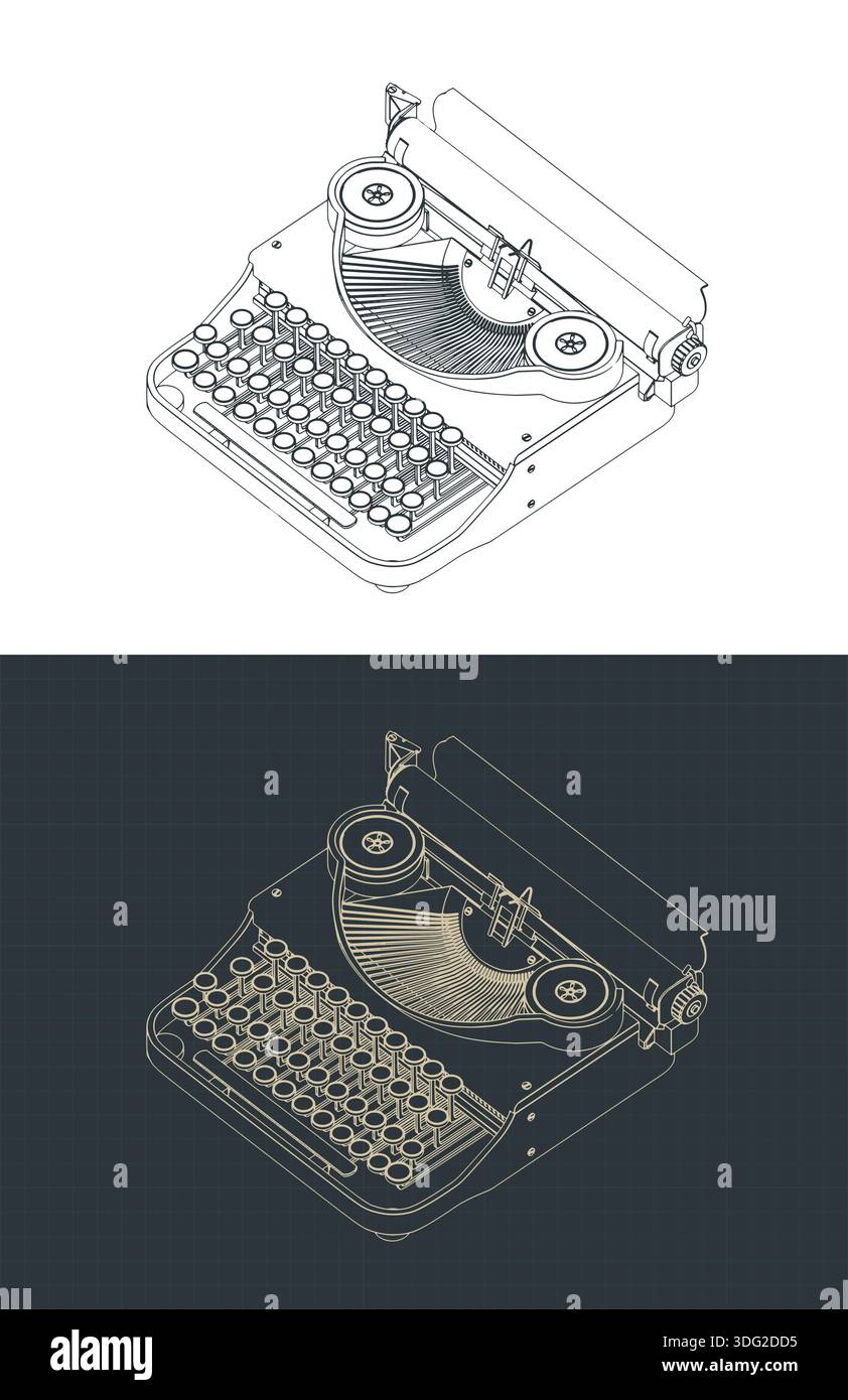 Stylized vector illustrations of isometric drawings of retro typewriter ...