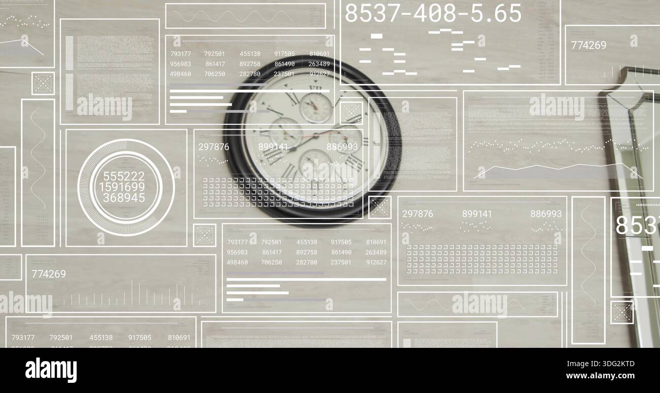 Showing dark-rimmed analog clock with subdials on wooden desk with HUD ...