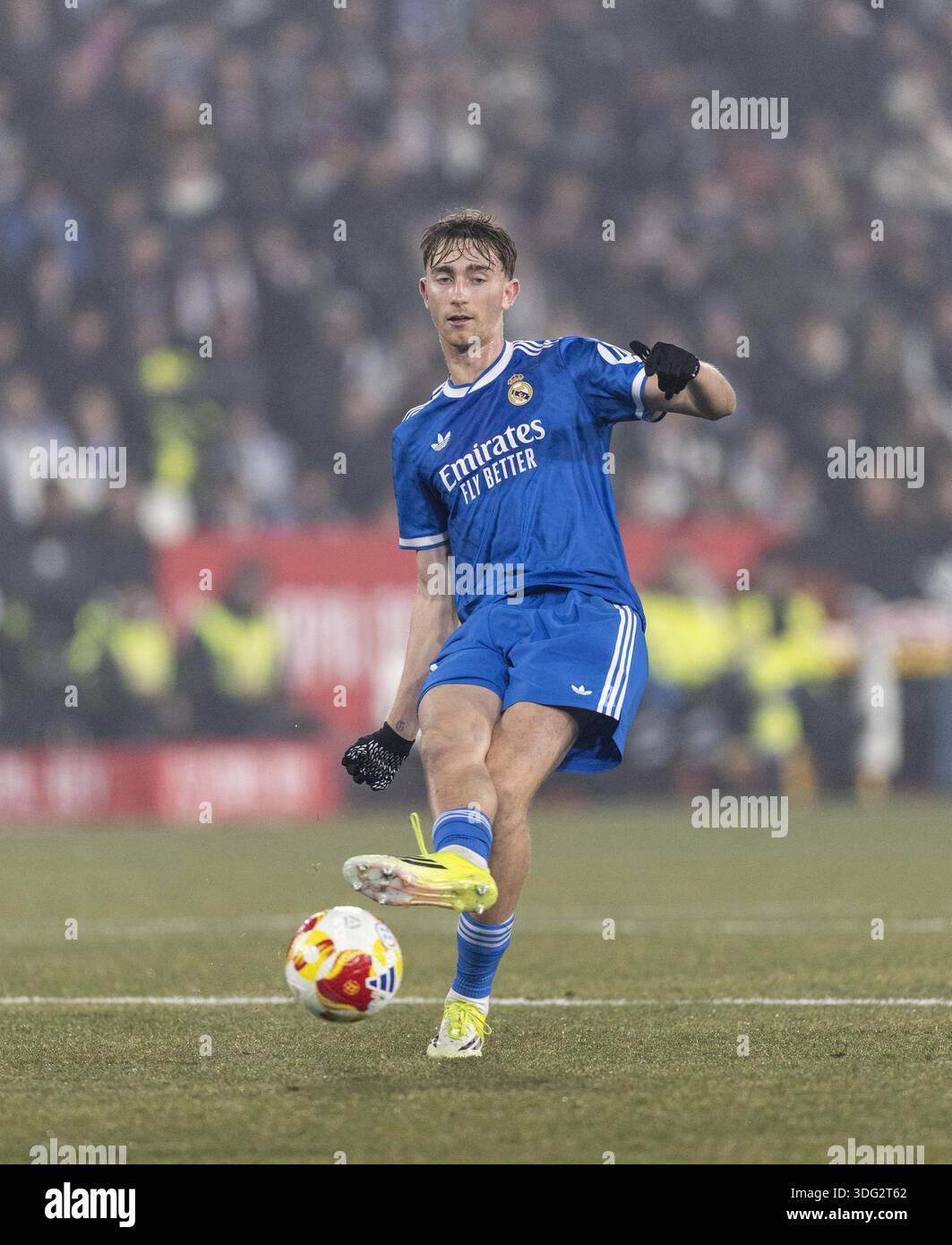 Dean Huijsen of Real Madrid passes the ball during a Copa del Rey Round ...