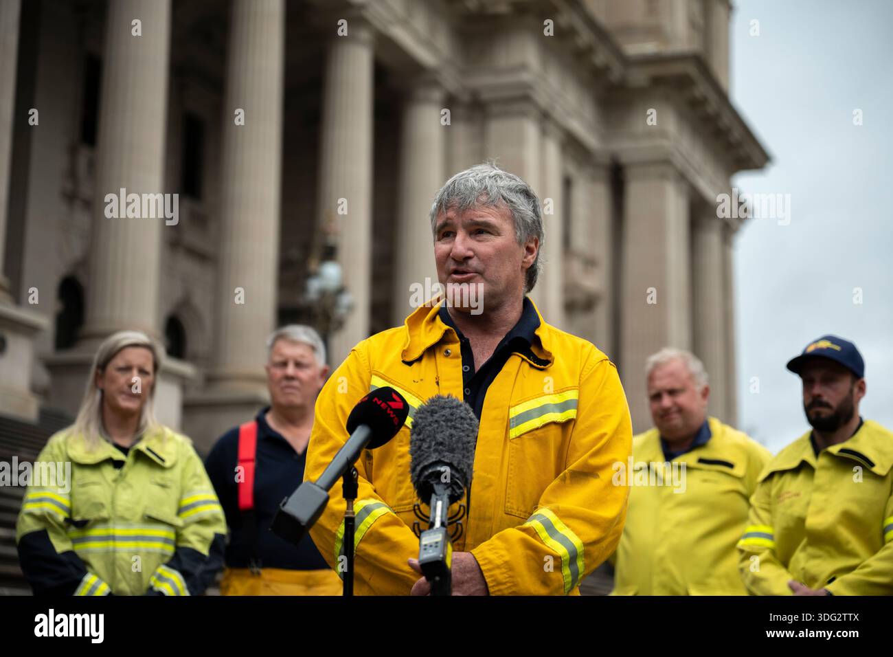 Grassmere CFA Captain John Houston speaks at a press conference on the ...
