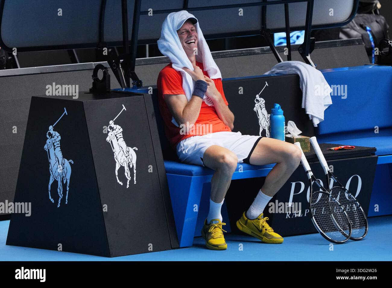 Jannik Sinner of Italy reacts during a practice session ahead of the ...