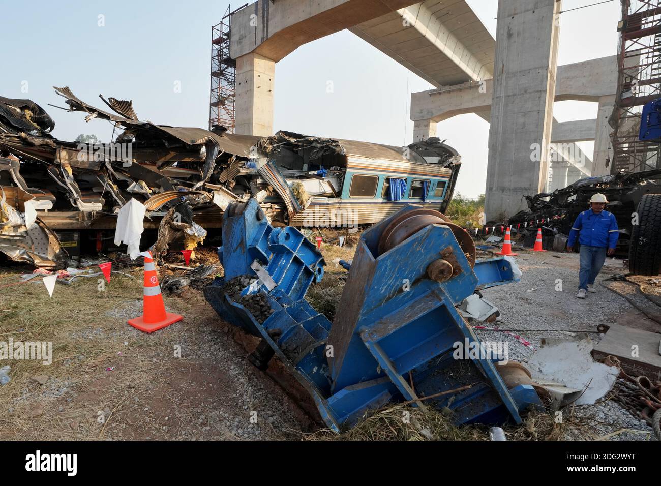 The wreckage of train is seen, a day after a construction crane fell ...