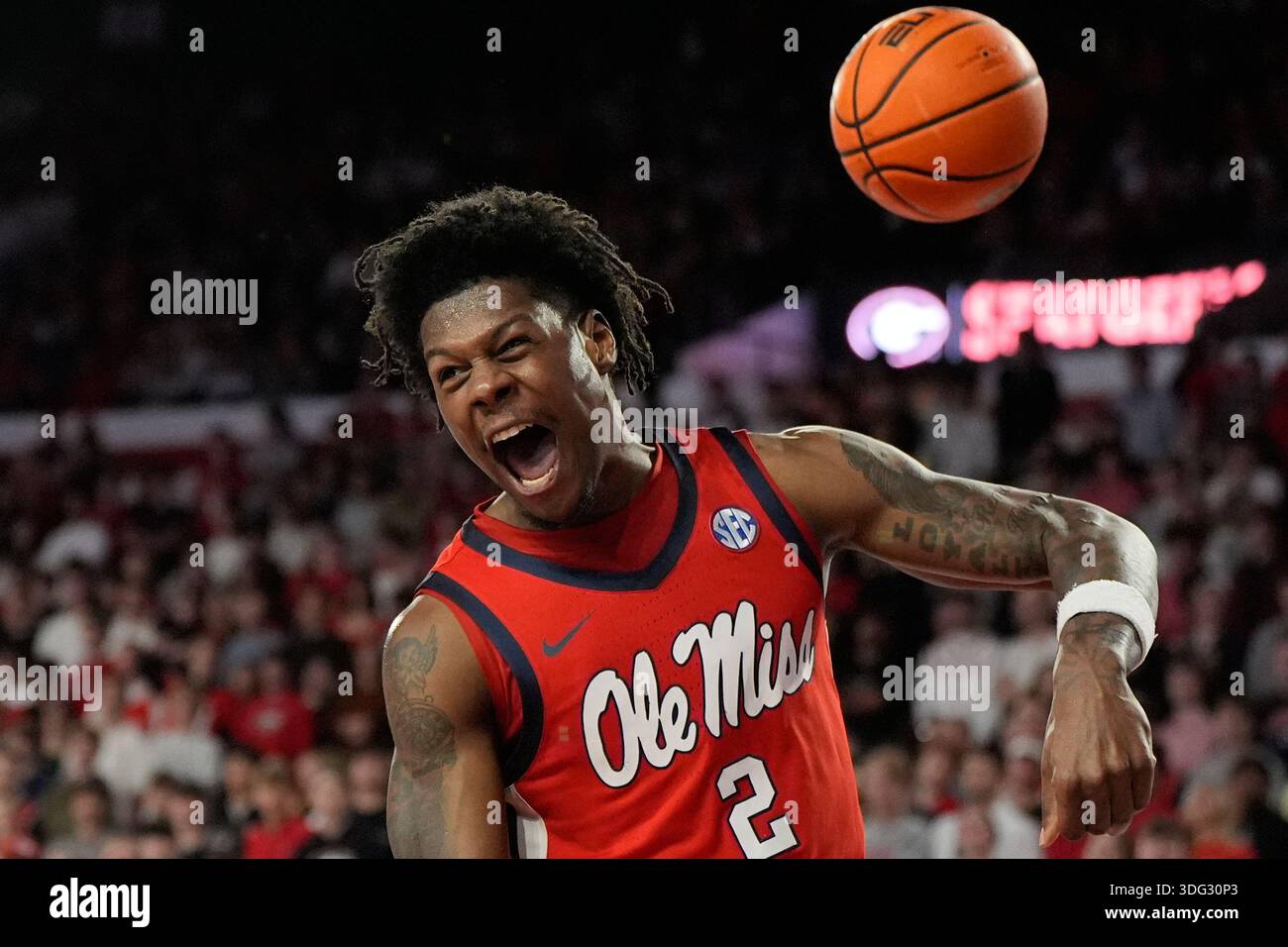 Mississippi guard AJ Storr (2) celebrates scoring during an NCAA ...