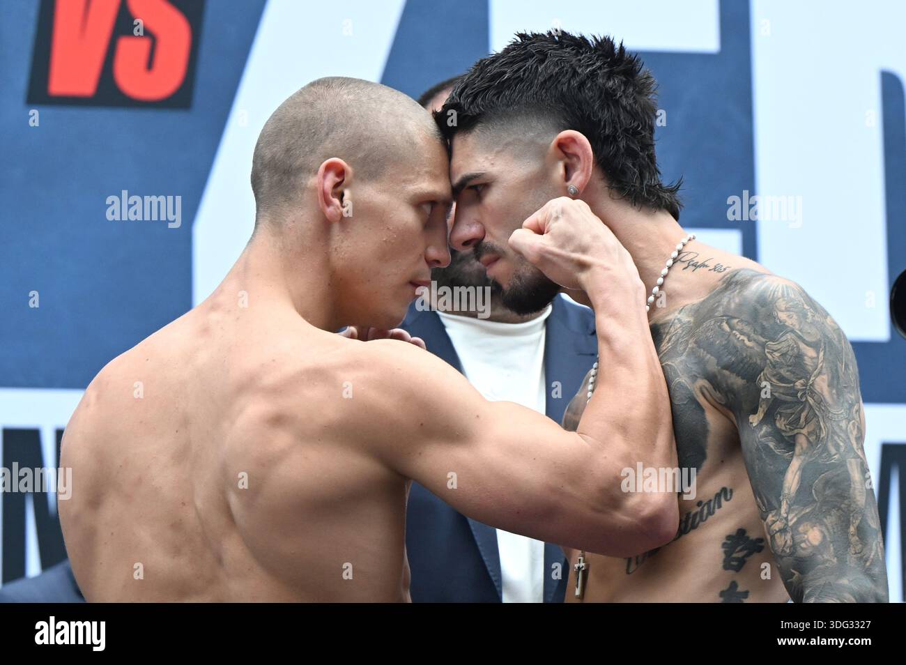 Boxers Nikita Tszyu (left) and Michael Zerafa (right) are seen facing ...