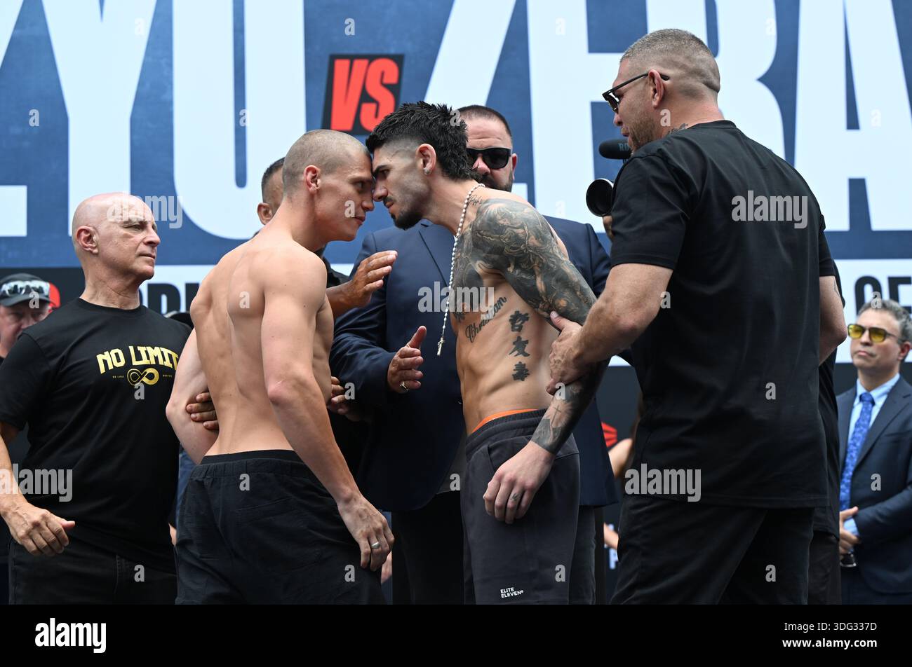 Boxers Nikita Tszyu (left) and Michael Zerafa (right) are seen facing ...