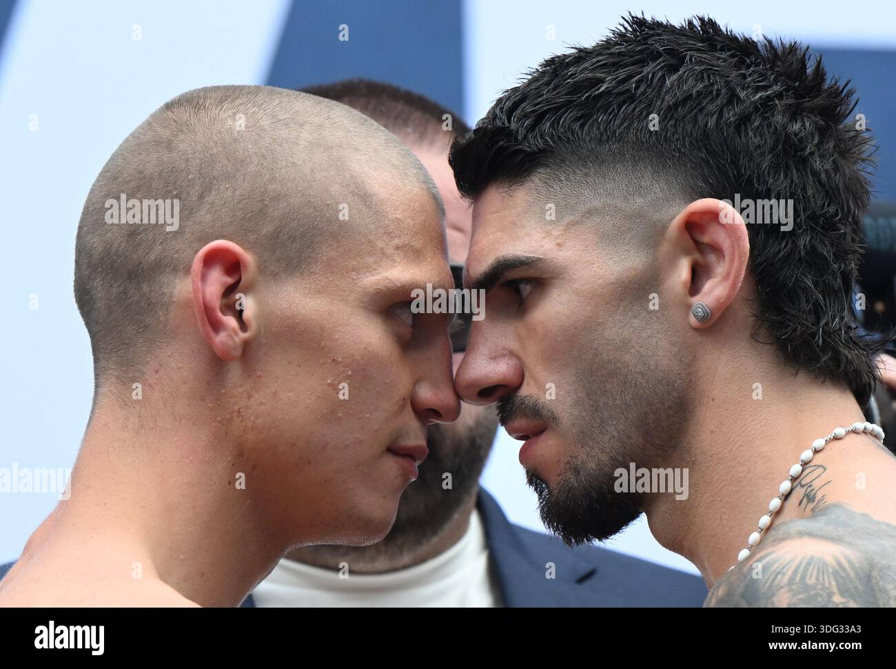 Boxers Nikita Tszyu (left) and Michael Zerafa (right) are seen facing ...