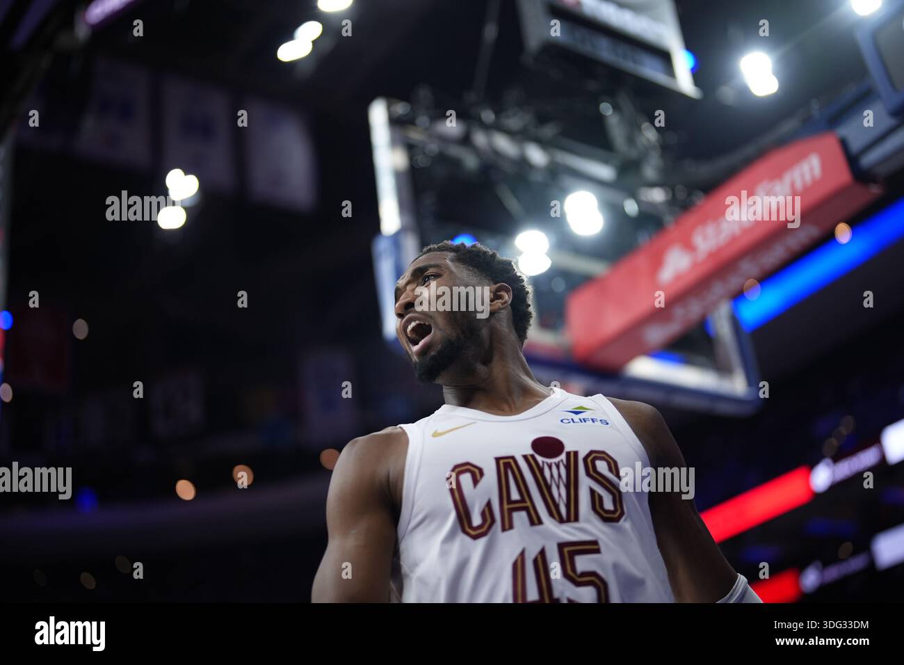 Cleveland Cavaliers' Donovan Mitchell reacts during an NBA basketball ...