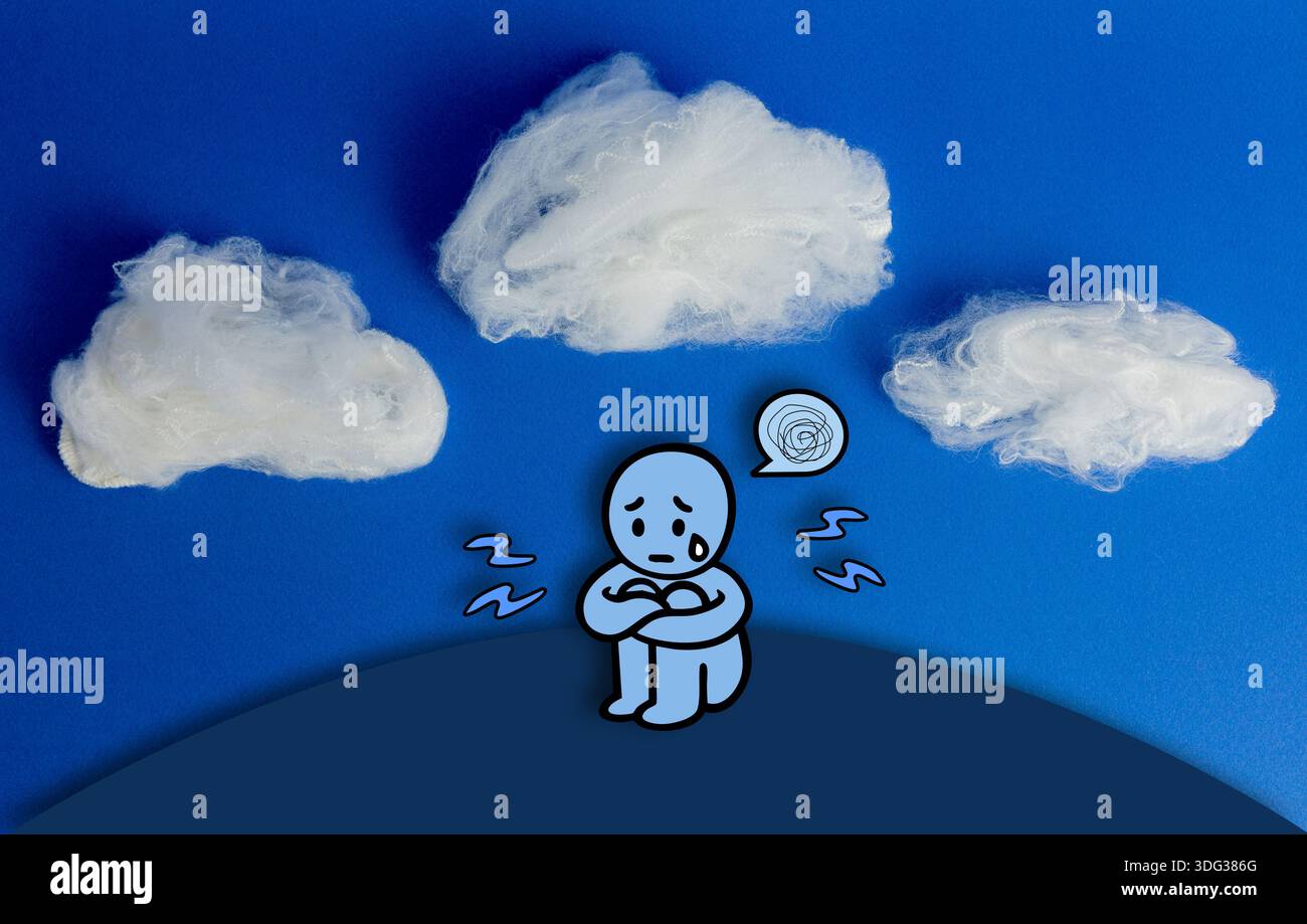 Illustration of a blue character crying and curled up under white ...