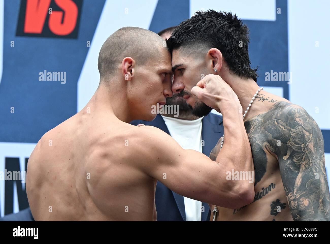 Boxers Nikita Tszyu (left) and Michael Zerafa (right) are seen facing ...