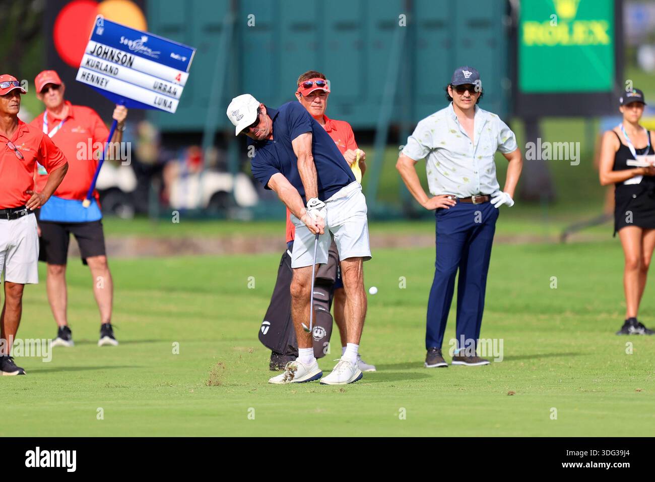 January 14, 2026 - Actor Karl Urban hits from the 8th fairway during a ...