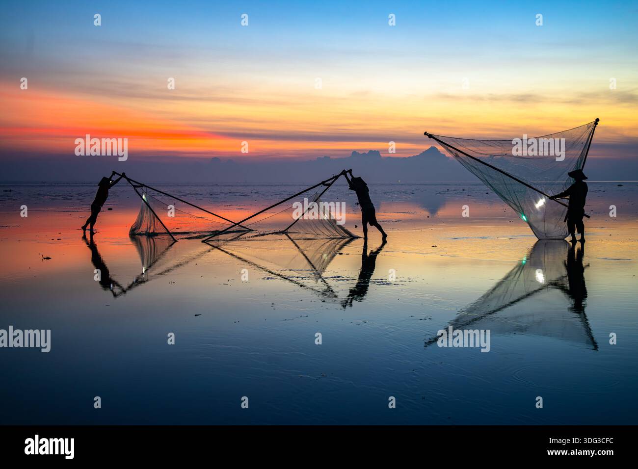 Fishermen at Quang Lang beach, Thai Binh, casting nets at sunrise. A ...