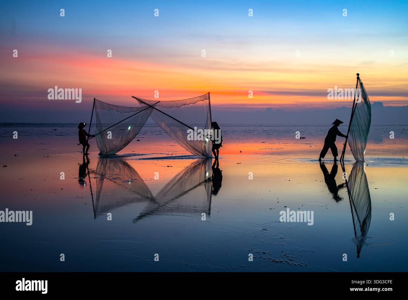 Fishermen at Quang Lang beach, Thai Binh, casting nets at sunrise. A ...