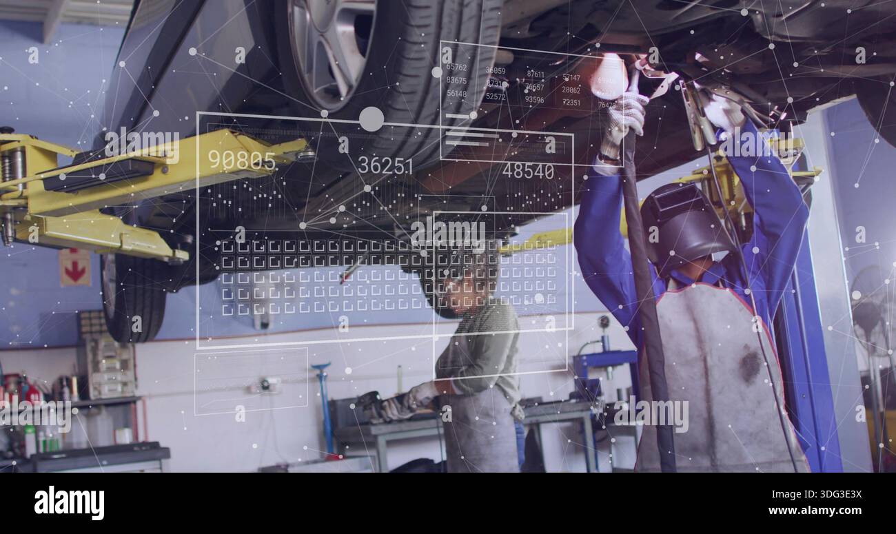 Tightening gloved female mechanic in welding helmet and apron under ...