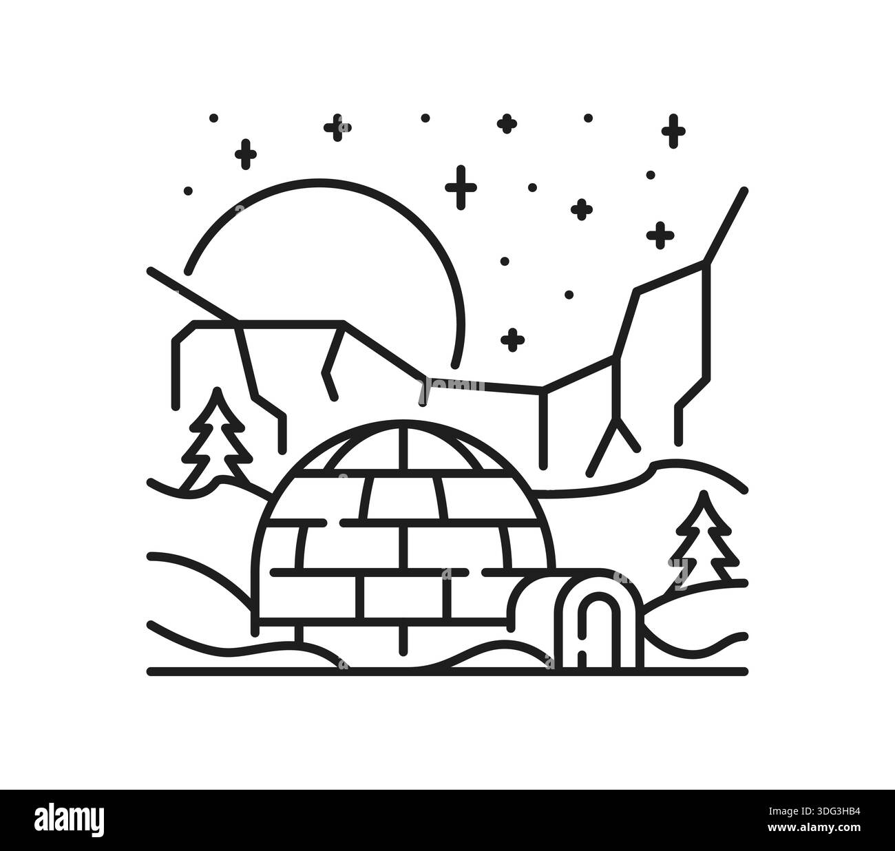 Alaska igloo landscape line icon or sign. Northern nature scenery thin ...