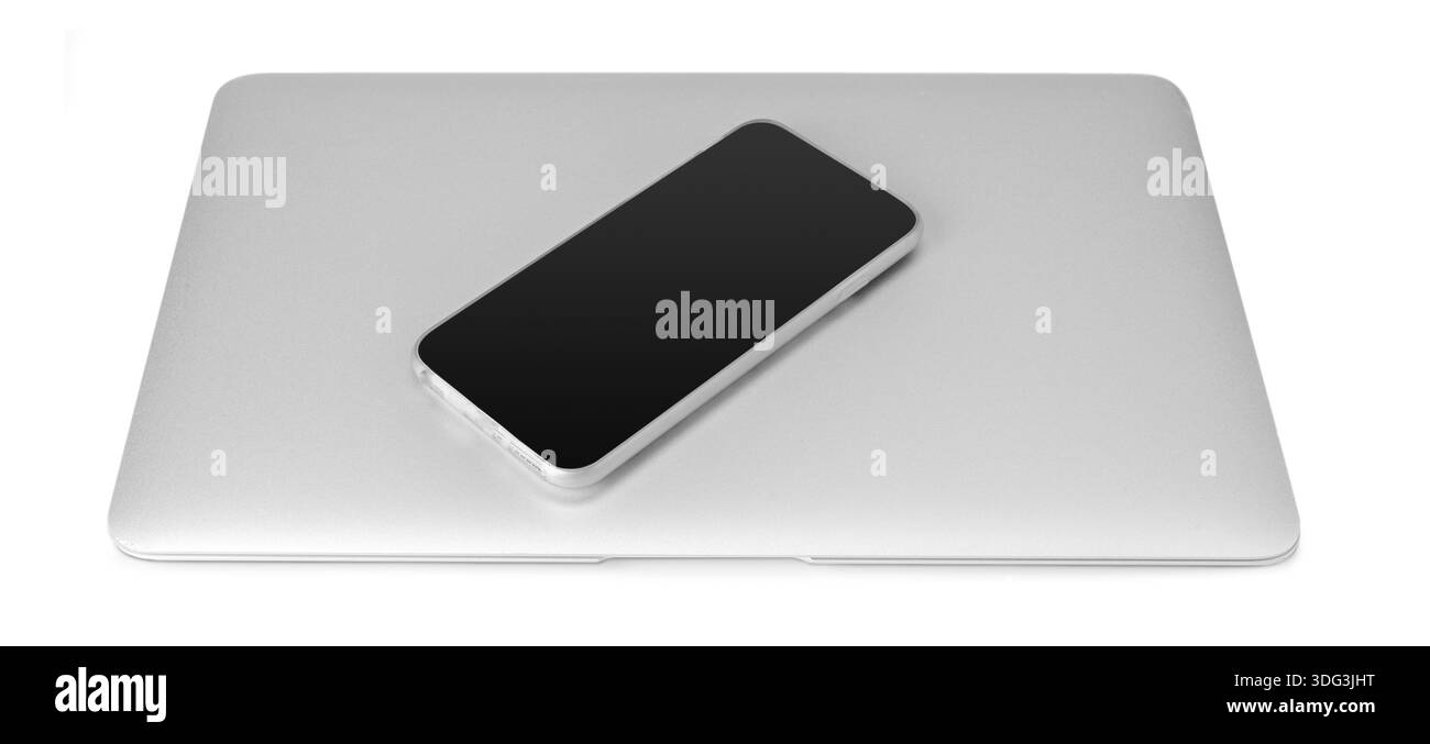 Laptop mobile phone on table Black and White Stock Photos & Images - Alamy