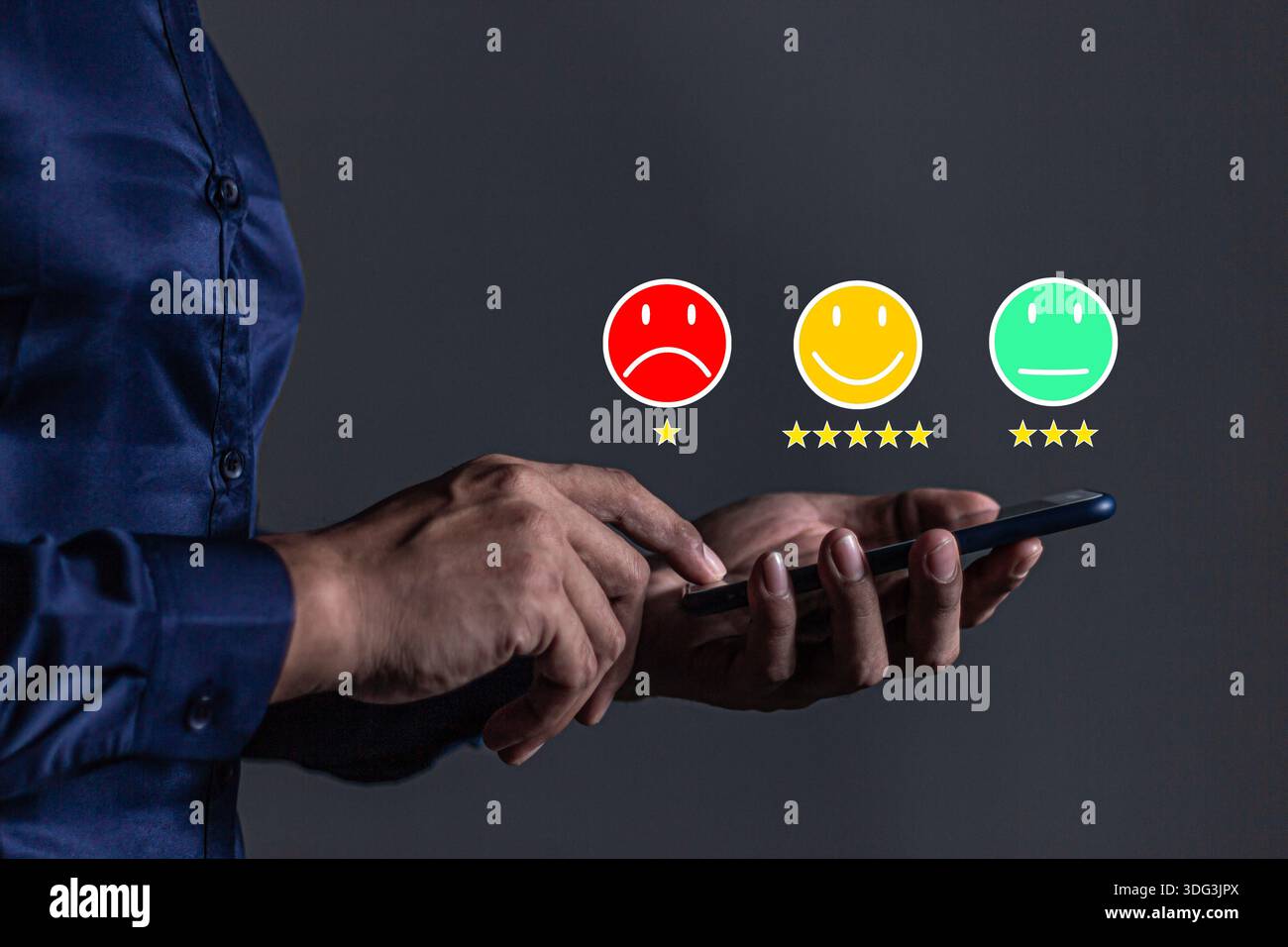 Customer Review, Young Man hand holding Smart Phone with five star to ...