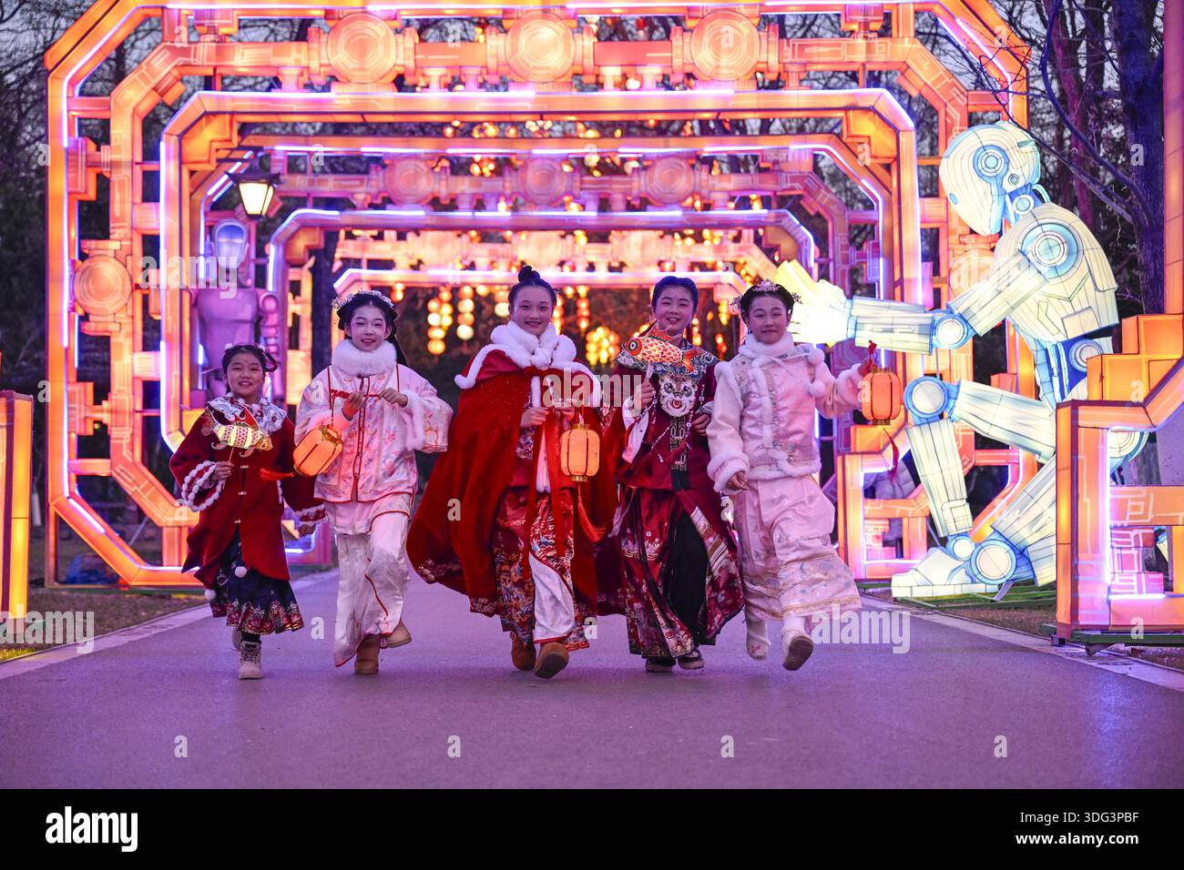 Pupils admire festive lanterns at Xiaoyaojin Park in Hefei City, east ...