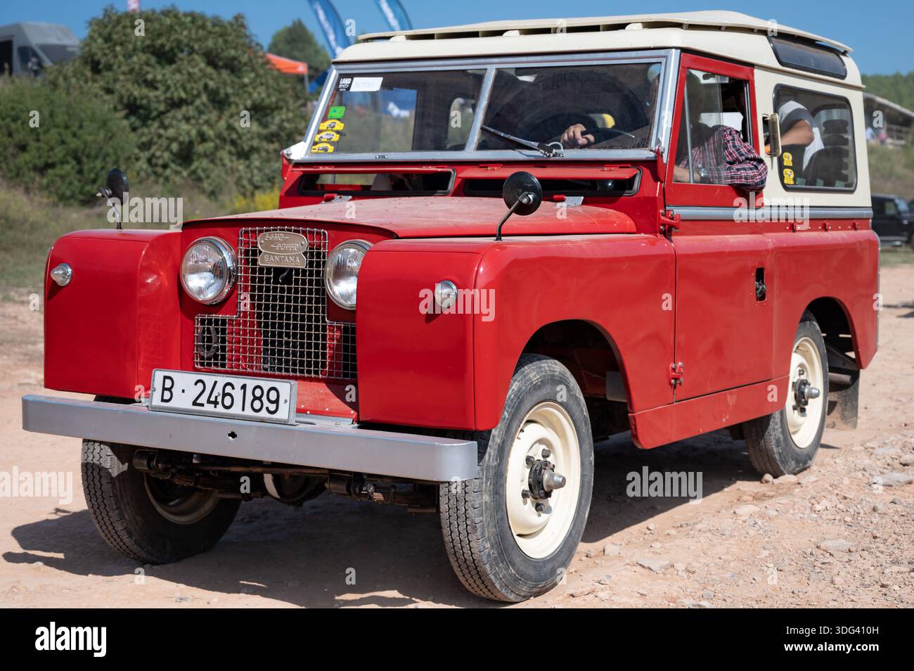 Front view of a classic red Land Rover Santana Series II short-chassis ...
