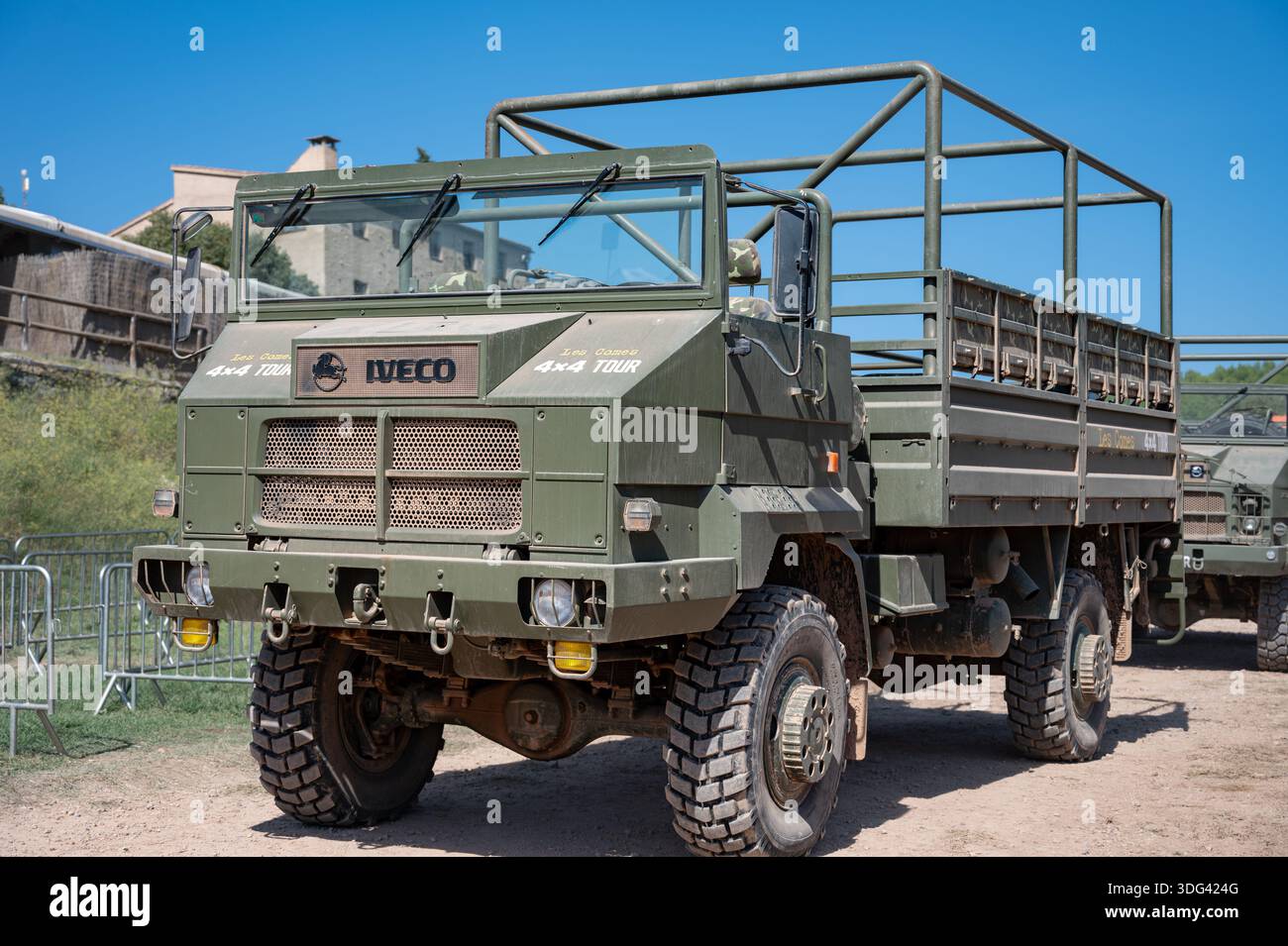 Front three-quarter view of a vintage olive green Pegaso Iveco 7217 A1 ...