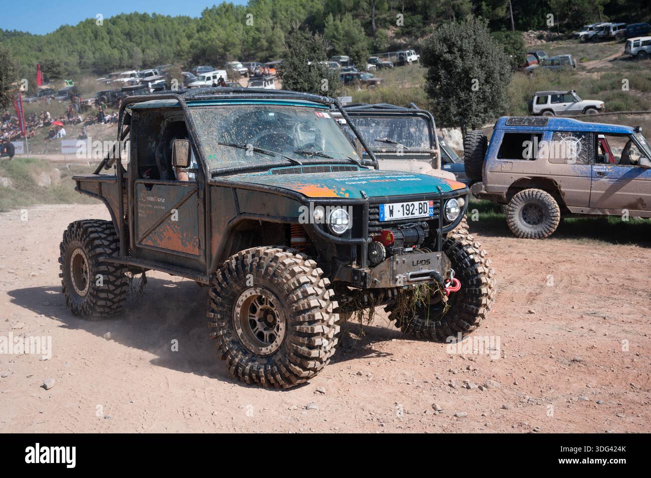 Front view of a modified green Range Rover Classic bobtail pickup ...