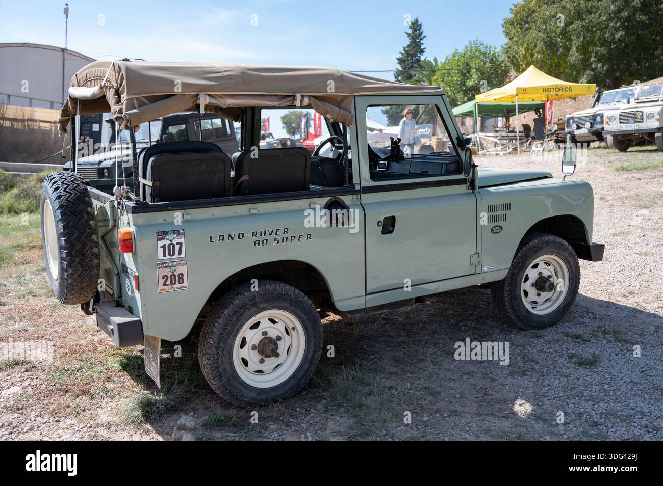 Rear side view of a vintage green Land Rover Santana Series III 88 ...