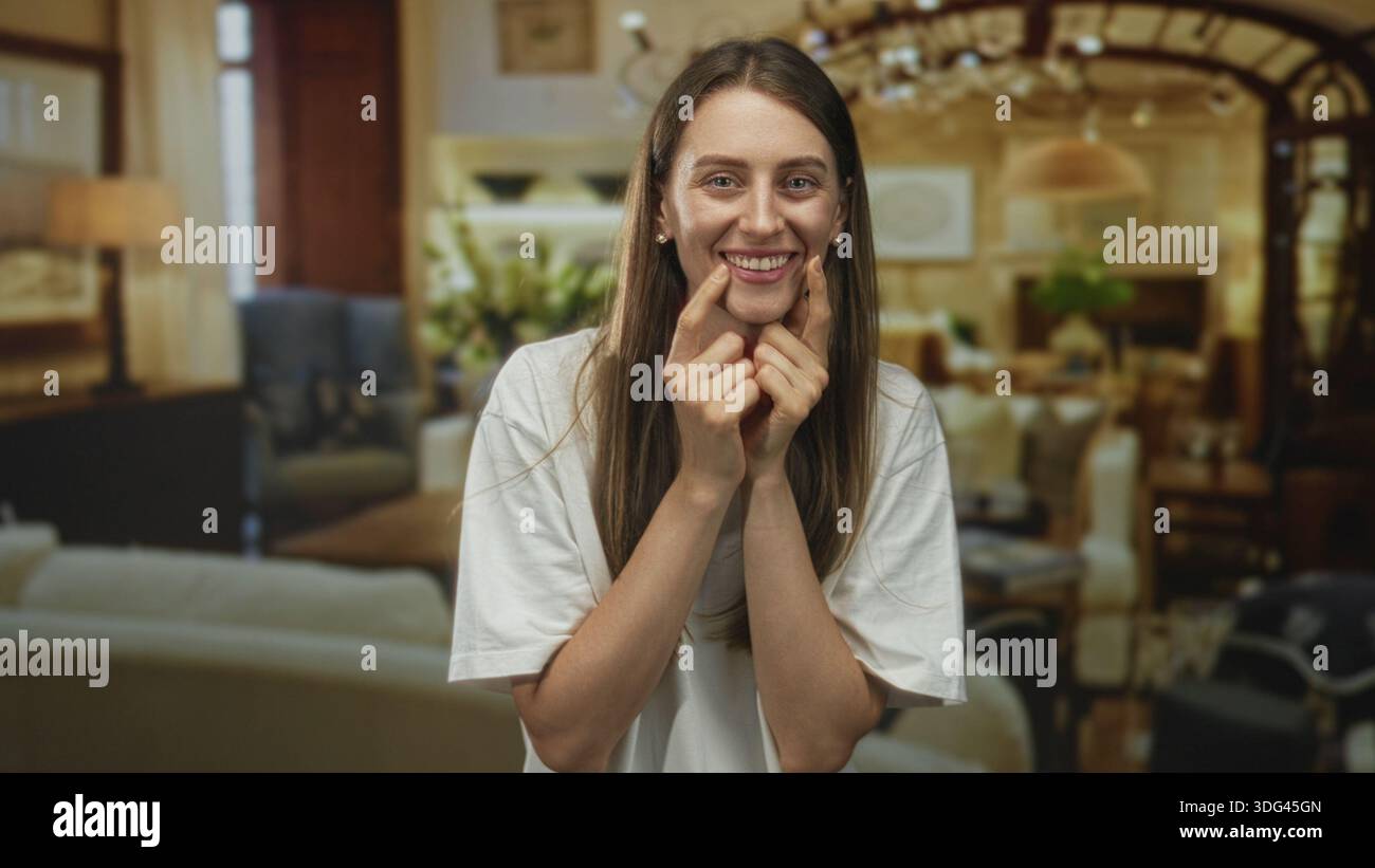 Woman pressing index fingers cheeks hi-res stock photography and images ...