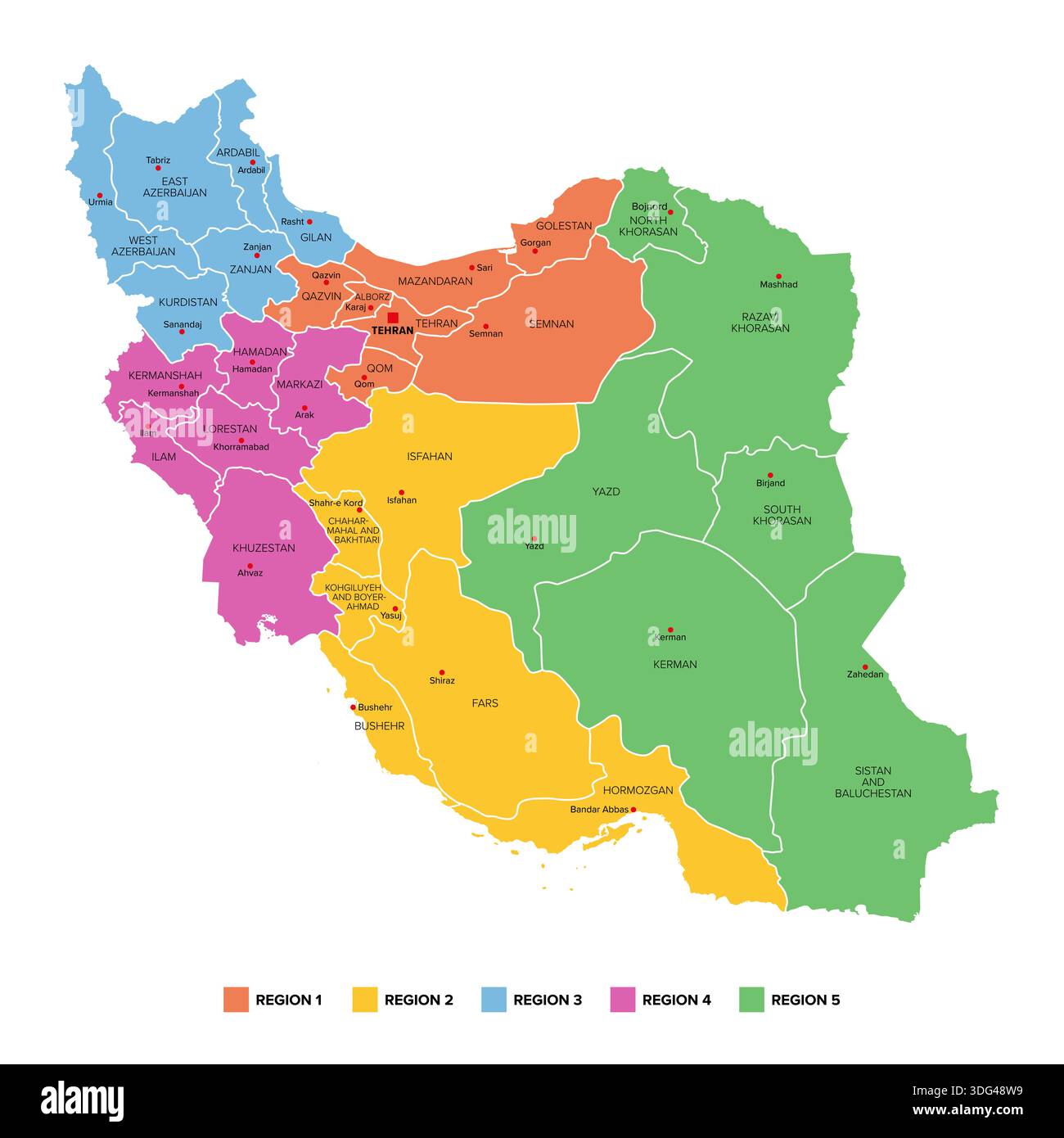 Iran, regions and provinces, colored political map with borders and ...