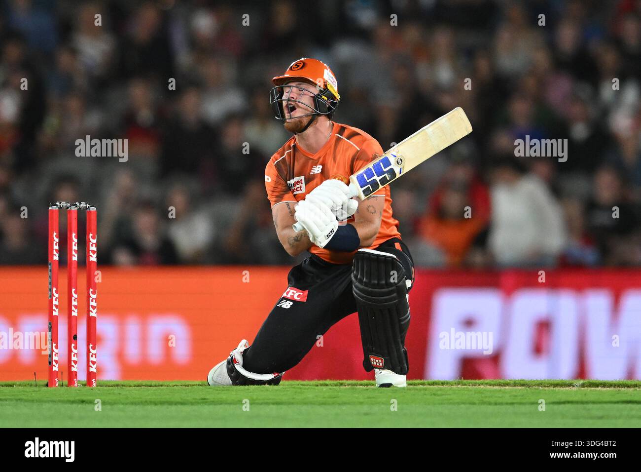 Finn Allen of Perth Scorchers reacts during the BBL match between the ...