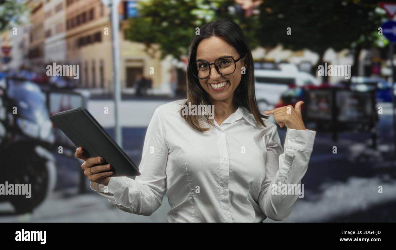 Woman pointing thumb chest hi-res stock photography and images - Alamy