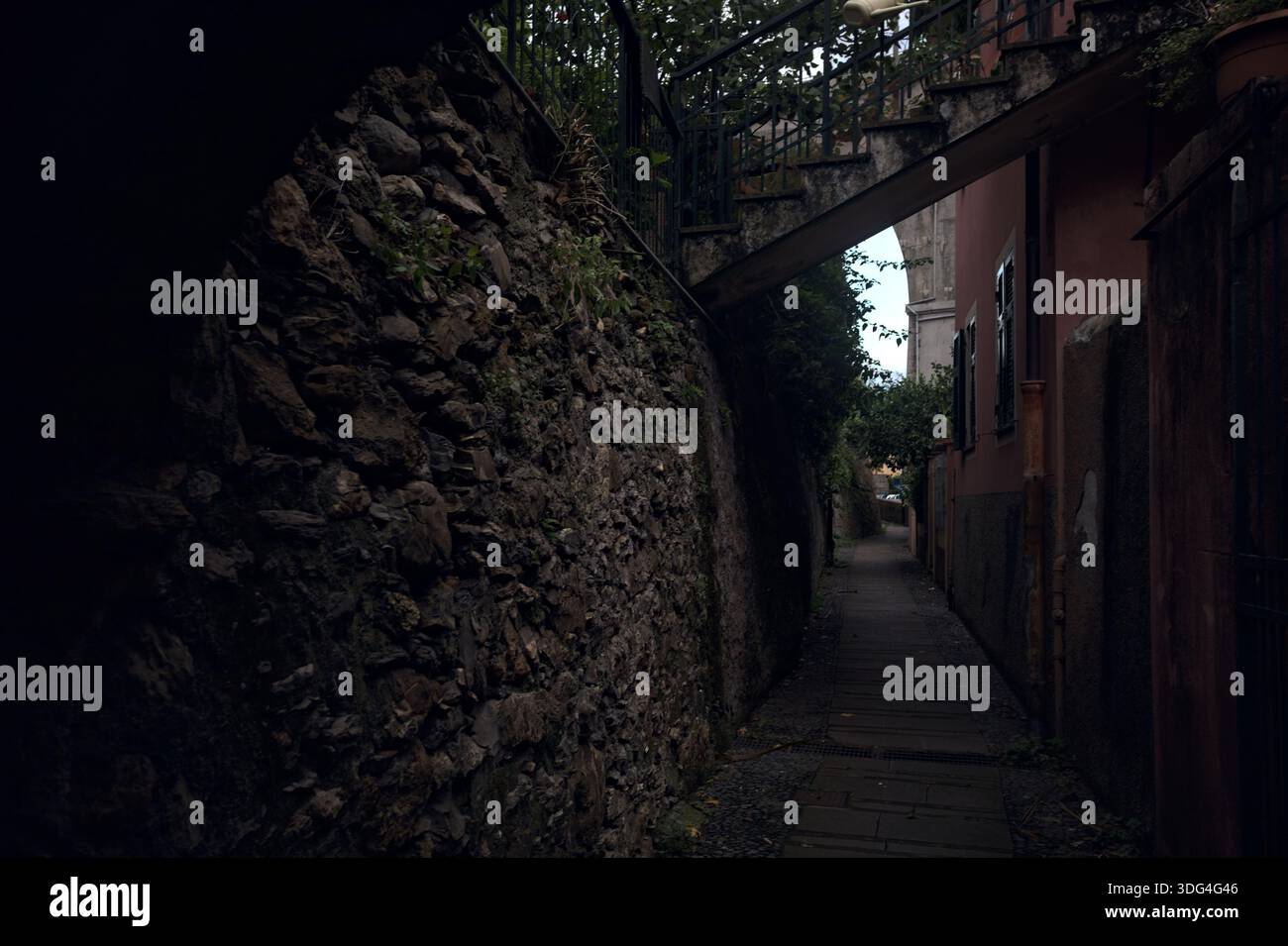 Narrow alley bordered by a stone wall in the shade next to a group of ...
